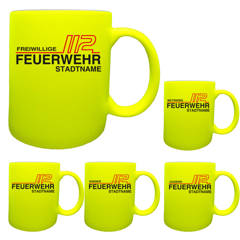 Neongelbe Feuerwehr Tasse FW1900 inkl. Wunschtext, 12,90